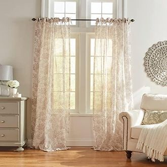 Elrene Home Fashions Westport Floral Cottagecore Fenstervorhang, mit Krawatten, durchscheinend, 132,1 x 241,3 cm, Flachs