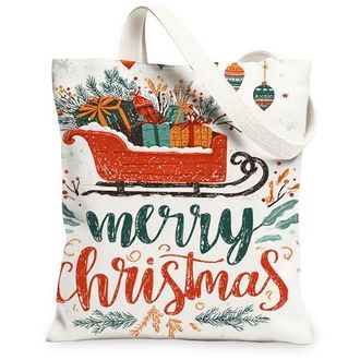 Generic Sac fourre-tout en toile avec motif de tra&icirc;neau de No&euml;l, sacs r&eacute;utilisables, sacs dhiver, rustiques, chics, l&eacute;gers et lavables avec bandouli&egrave;re, blanc