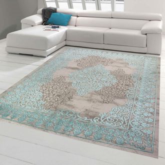 Merinos Wohnzimmerteppich mit Ornamenten Teppich Vintage in T&uuml;rkis Grau Gr&ouml;&szlig;e 200 x 290 cm