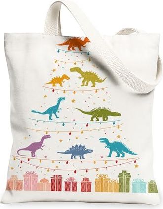 Generic Sacs fourre-tout en toile motif dinosaures de No&euml;l, sacs d&eacute;picerie r&eacute;utilisables, l&eacute;gers et lavables, blanc, 13x15 Inch
