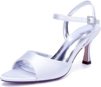 Generic Chaussures De Mariage Sandale À Talon Aguilles pour Femme Mariée Satinée Ouverte Bride Cheville Soiree Talons Hauts 7Cm,Blanc,36 EU