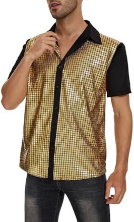 Generic Chemise pour homme &agrave; paillettes &agrave; manches courtes et col &agrave; revers - Chemise &agrave; boutons scintillants - Coupe d&eacute;contract&eacute;e - Costume de f&ecirc;te discoth&egrave;que,