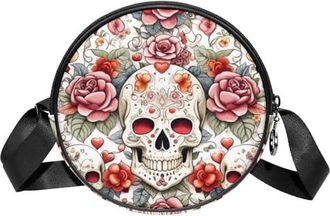 Generic Petit sac &agrave; bandouli&egrave;re circulaire pour femme, motif cr&acirc;nes floraux, petit sac &agrave; dos &agrave; bandouli&egrave;re avec fermeture &eacute;clair, bretelles r&eacute;glables, sac &agrave; m