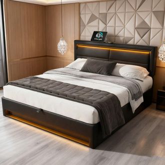 Generic Innovatives Polsterbett mit Smart-Funktionen - 160x200 cm Bett mit USB-Ladestation, LED-Beleuchtung & 4 Schubladen - Graues PU-Litschi-Design-(ohne Ma