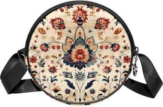 Generic Petit sac &agrave; bandouli&egrave;re rond pour femme, style ethnique, boh&egrave;me, floral, avec fermeture &eacute;clair, bretelles r&eacute;glables, sac &agrave; main rond d&eacute;contract&eacute; pour 