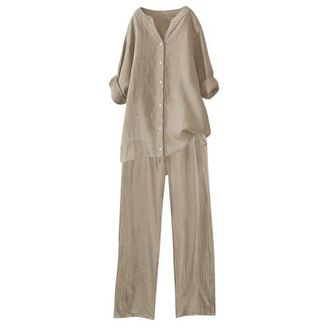 Generic Surv&ecirc;tement deux pi&egrave;ces pour femme en lin d&eacute;contract&eacute; &agrave; col rond et manches 3/4, pantalon &agrave; jambe large avec poches, v&ecirc;tement de d&eacute;tente pour femme, p