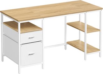 Vasagle Computertisch, Bürotisch, Schreibtisch, mit 3 Ablagen, 2 Schubladen, 140 x 60 x 76 cm, fürs Büro, Wohnzimmer, moderner Stil, natureichenfarben-perlwei