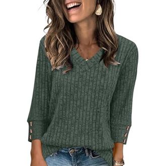 Generic Pull &agrave; Col en V et Manches 3/4 Chic pour Femme - Haut Tricot&eacute; Doux et D&eacute;contract&eacute; Chaud Pas Cher Couleur Unie Automne Hiver Cadeau No&euml;l,Arm&eacute;e Verte,XL