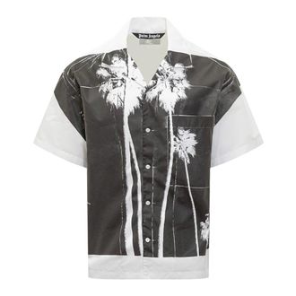 Palm Angels Homme, Chemises, Blanc, Taille: M Chemise en coton avec imprim&eacute; palmier contrastant
