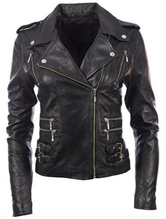 Aviatrix Veste Elegante De Style Motard pour Femmes en Cuir Veritable avec Plusieurs Fermetures Eclair (AGSM),Noir,L / Poitrine=34pouce