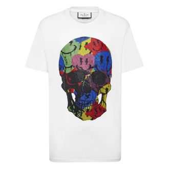 Philipp Plein Homme, Tops, Blanc, Taille: 3XL T-Shirt Col Rond Smile