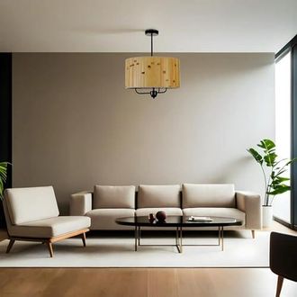 Opviq Elegant Metal Chandelier with Bamboo Cap, 45 cm Diameter, Adjustable Height, E27 Socket, Oak & Black Finish | Perfect for Modern Spaces, IP20 Rated