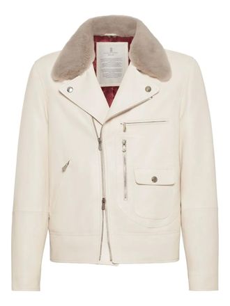 Brunello Cucinelli Lederjacke mit Pelzkragen - Nude