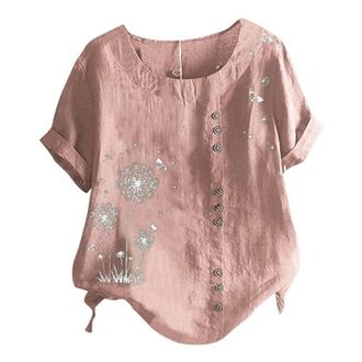 Generic Chemise en lin pour femme - Col rond - Imprim&eacute; floral et papillon - Tunique &agrave; manches courtes - T-shirt ample et confortable - Pour les vacances et la