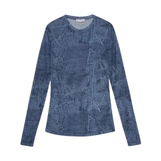 Ganni Blaue Bluse mit Grafik-Mesh und langen &Auml;rmeln - - Tops - Damen - Blau - M