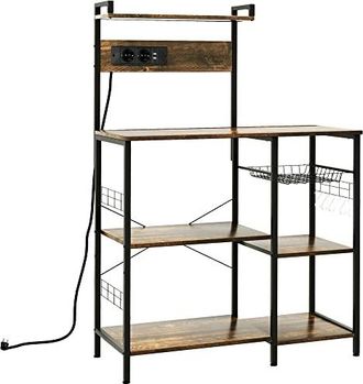 HOMCOM Étagere Cuisine Meuble Micro-Onde étagère Rangement Cuisine Style Industriel avec Prise de Courant, Chargeur USB, étagères, 5 Crochets et Panier en Ma