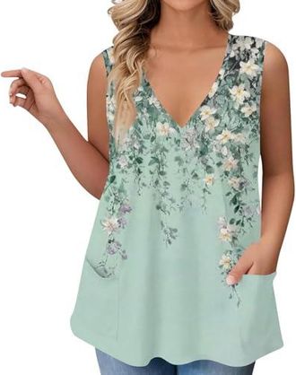 Generic Debardeur Femme Chic et &eacute;l&eacute;gant Chemisier sans Manche Imprim&eacute; D&eacute;bardeur Col V Top Ete Haut Chic et Elegant Fluide Ample Caraco Vetement Femme Ete Tee 