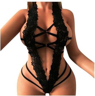 Generic 2026 Soutiens-gorge pour femmes Soutien-gorge Femmes Bandage Dentelle Barboteuse &Eacute;lastique Top Culotte Ensemble Sexy Creux Cage Body, Noir, XL