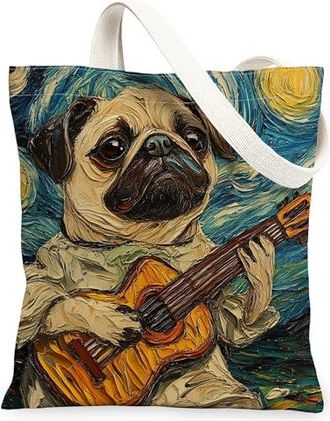 Generic Sac fourre-tout en toile pour faire du shopping avec motif carlin 33 x 38,1 cm, motif guitare nocturne &eacute;toil&eacute;e, sac d&eacute;picerie r&eacute;utilisable pour femme,