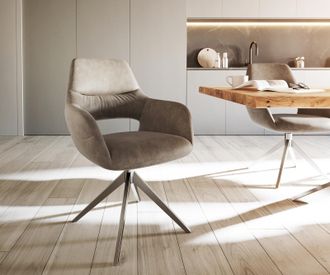 DELIFE Esszimmerstuhl Yago-Flex mit Armlehnen Mikrofaser Taupe Vintage Kreuzgestell breit Edelstahl Taschenfederkern, Esszimmerst&uuml;hle