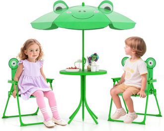 Costway Costway - Salon de Jardin 4 Pi&egrave;ces pour Enfants de 3 &agrave; 6 Ans, Table + Parasol R&eacute;glable en Hauteur + 2 Chaises Pliantes, Vert