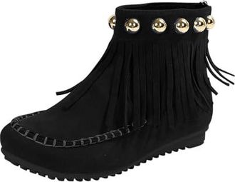 Generic Bottines pour femme - Chaussures plates vintage &agrave; franges - Bout rond - Bottes de cowboy occidentales - Large largeur - Chaudes - Rivets antid&eacute;rapants