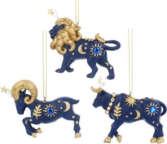 Gisela Graham Löwe, Stier und Widder aus Kunstharz, Blau und Gold, 7 cm, Dekoration mit Schmucksteinen, 3 Stück