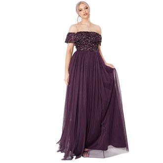 Maya Damen Maya Deluxe Womens Bardot for Women Maxi Embellished Hight Empire Waist Sleveless Tulle W Bridesmaid Dress, Berry, 38 EU