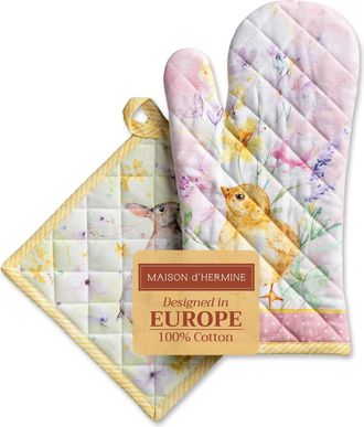 Maison d'Hermine Ofenhandschuh(19cm x 33cm) & Topflappen(20cm x 20cm) Küchenhandschuh aus 100% Baumwolle Topflappen, hitzebeständig für Bankett, Easter Zest - Frühling