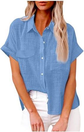Generic Chemise d&eacute;t&eacute; en coton et lin &agrave; manches courtes pour femme - Tunique d&eacute;contract&eacute;e ample unie - V&ecirc;tements tendance avec poches, bleu, 3XL
