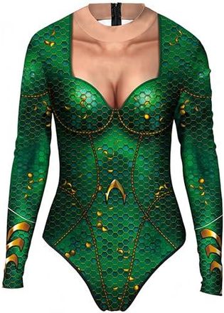 Ocean Plus Femmes Col Haut Impression Num&eacute;rique Fermeture &Agrave; Glisses Arri&egrave;re Highcut Manches Longues Maillot De Bain Une Pi&egrave;ce (L/XL (Longueur: 74 cm), Aqua Vert)