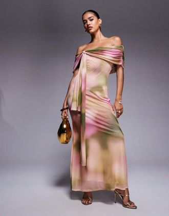 Asos Maxikleid mit Carmen-Ausschnitt, Zierknoten und Sch&auml;rpendetail-Bunt