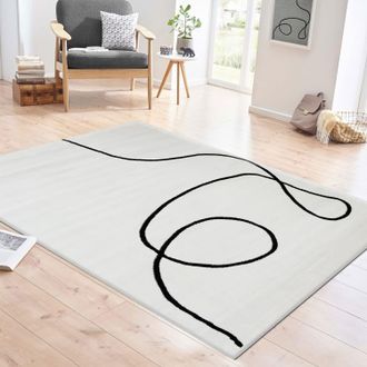Vimoda Moderner One-Line Wohnzimmer Teppich in Creme/Schwarz Kunstdesign Kurzflor, Ma&szlig;e:120x170 cm