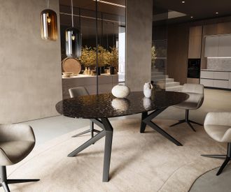 DELIFE Esstisch Edge Oval 220x120 Reliefglas Rauchschwarz 3D-Design Zenthara kantig Metall Schwarz, Esstische