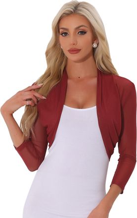 Allegra K Damen Bolero Festlich 3/4 &Auml;rmel R&uuml;schen Mesh Durchsichtig Crop Strickjacke Shrug Boleros Dunkel Rot XXL