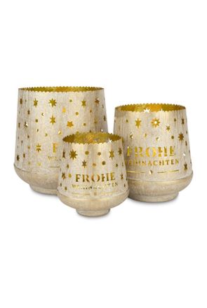 Riffelmacher & Weinberger Riffelmacher Lichter 3er Set Frohe Weihnachten mit Sternen | Beige Gold | Metall | Bis 16&times;16 cm | Weihnachtliche Windlichter mit Schriftzug | 13460