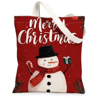 Generic Sacs fourre-tout en toile motif bonhomme de neige de No&euml;l, sacs de courses r&eacute;utilisables, vintage, l&eacute;gers, lavables, Rouge, 13x15 Inch