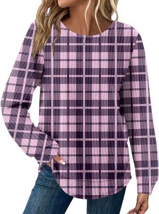 Generic Pull Femme Hiver Chaud col Rond Mode Ample Jumper Tops D&eacute;contract&eacute; Manche Longue Pull Femme Chic et &eacute;l&eacute;gant Imprim&eacute; &agrave; Carreaux Sweatshirts Violet