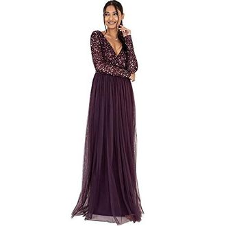 Maya Ladies Maxi Dress for Women with Long Sleeves V Neckline Plunging Sequin Embellished for Wedding Guest Bridesmaid Prom, Robe Femme, Berry