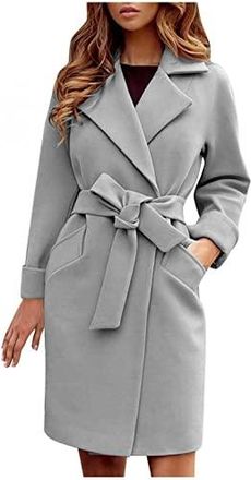 Onsoyours Double Boutonnage Col Montant Manteau en Laine avec Ceinture à Manches Longues Manteau Rétro Hiver Manteaux C Gris S