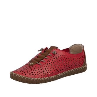 Rieker Slipper RIEKER, Damen, Gr. 41, rot, braun, Glattleder, unifarben mit Farbeinsatz, Schuhe Slipper, Schlupfschuh, Halbschuh, Barfu&szlig;schuh mit Perforation