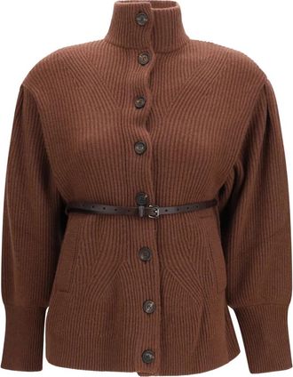 Brunello Cucinelli Strickjacke mit hohem Kragen und G&uuml;rtel - - Knitwear - Damen - Braun - S