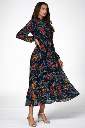 FS Collection Maxikleid Damen Maxikleid in Marineblau mit Blumen- & Punktmuster (XS (EU:36 / UK:8) &middot; S (EU:38 / UK:10) &middot; M (EU:40 / UK:12) &middot; L (EU:42 / UK:14) &middot; XL 