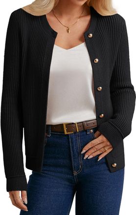 Grace Karin Herbst Trachten Strickjacke Damen Elegant Rundhals Langarm Cardigan Damen Lang Winter Warm Schwarz XL