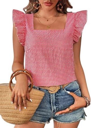 Generic Chemisier imprim&eacute; vichy pour femme - Col carr&eacute; - Manches courtes - Style d&eacute;contract&eacute; - Printemps et &eacute;t&eacute;, Rouge, XXL