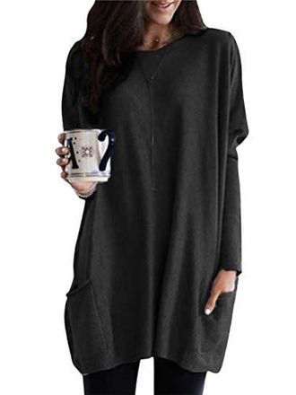 Minetom Femme Tops &agrave; Manches Longues T-Shirt Long Pull Tunique Chic Mode Chemise Haut &Eacute;l&eacute;gant Mini Robe avec Deux Poches Noir 44