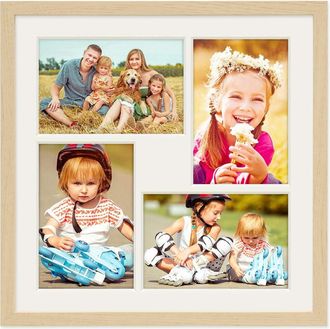 Photolini Bilderrahmen für 30x30 Holz Natur aus MDF, Fotorahmen quadratisch mit Passepartout für 4 Bilder, bruchsicheres Acrylglas, 30 x 30 zum Aufhängen, Zubeh