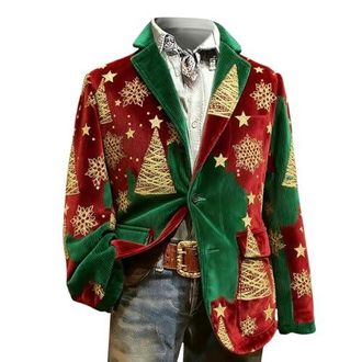 Generic Blazer de Noël moche en velours côtelé pour homme - Veste imprimée - Costume de vacances festif - Coupe ajustée - Revers simple boutonnage - Imprimé a