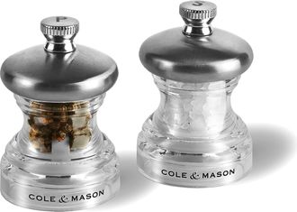 Cole & Mason H302418 Button Salz und Pfeffermühle, Gewürzmühle, 2er Set Manuell, Edelstahl/Acryl, 65mm, Precision+, Ideal für Picknicks, Keramikmahlwerk