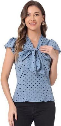 Allegra K Femmes Chemise Bureau Pois Chemisier Col Noué Manches Volants Gris Bleu XL